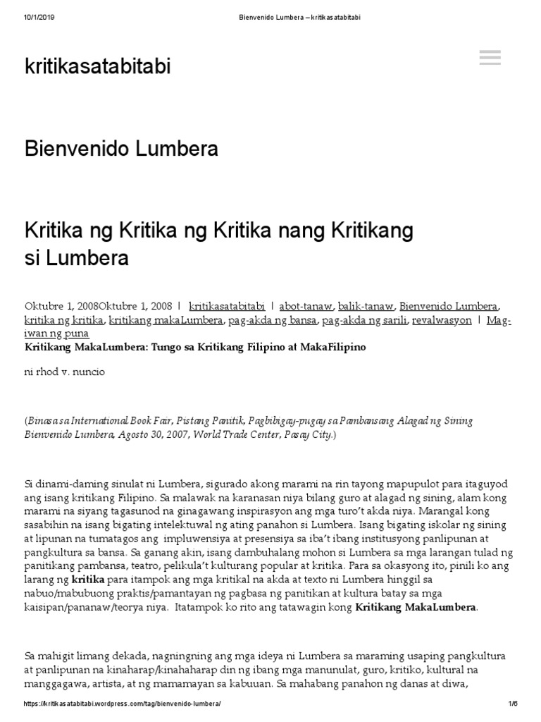 Bienvenido Lumbera - Kritikasatabitabi | PDF