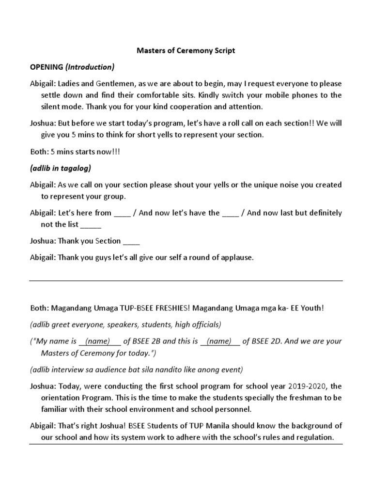 Masters of Ceremony Script OPENING (Introduction) : (Adlib in Tagalog ...