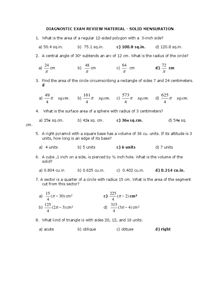Solid Mensuration Reviewer | PDF | Area | Elementary Mathematics