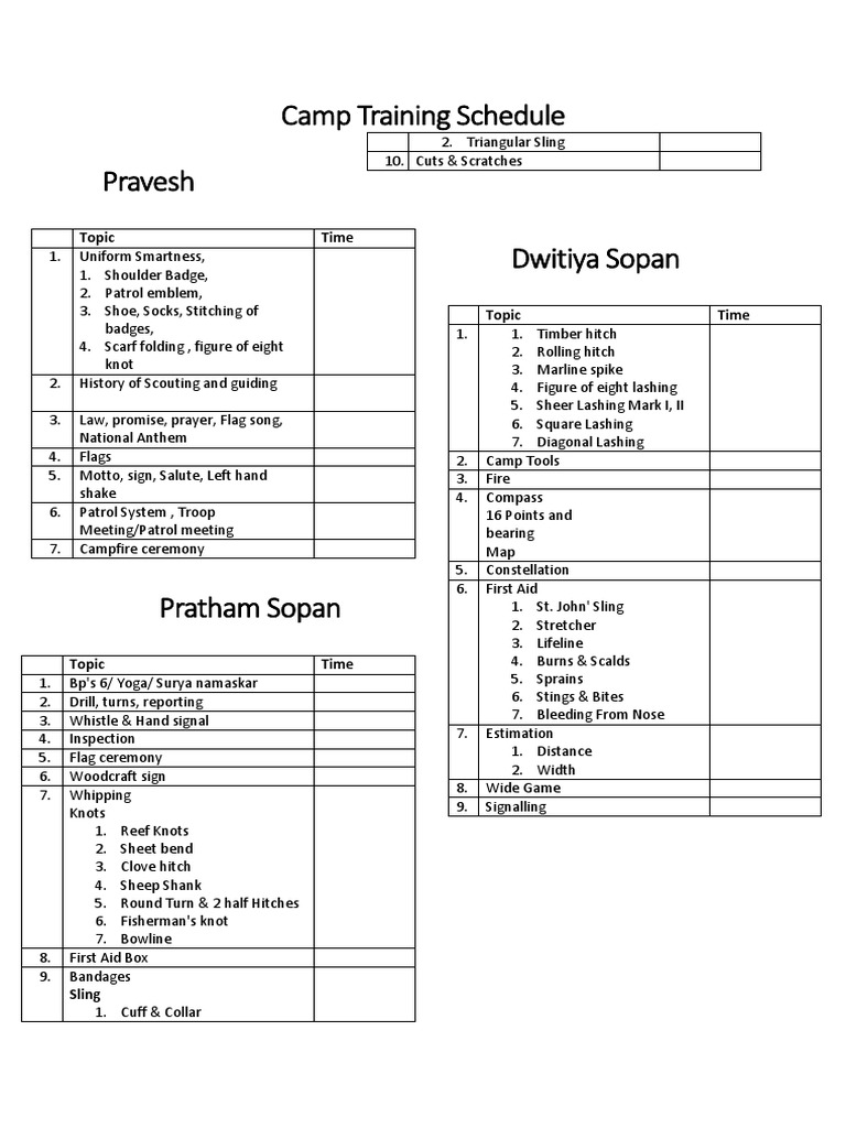 Camp Training Schedule | Download Free PDF | Knot | Sports
