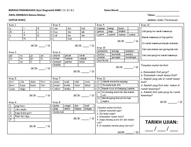Borang Pemarkahan Ujian Diagnostik Awal Membaca LINUS | PDF