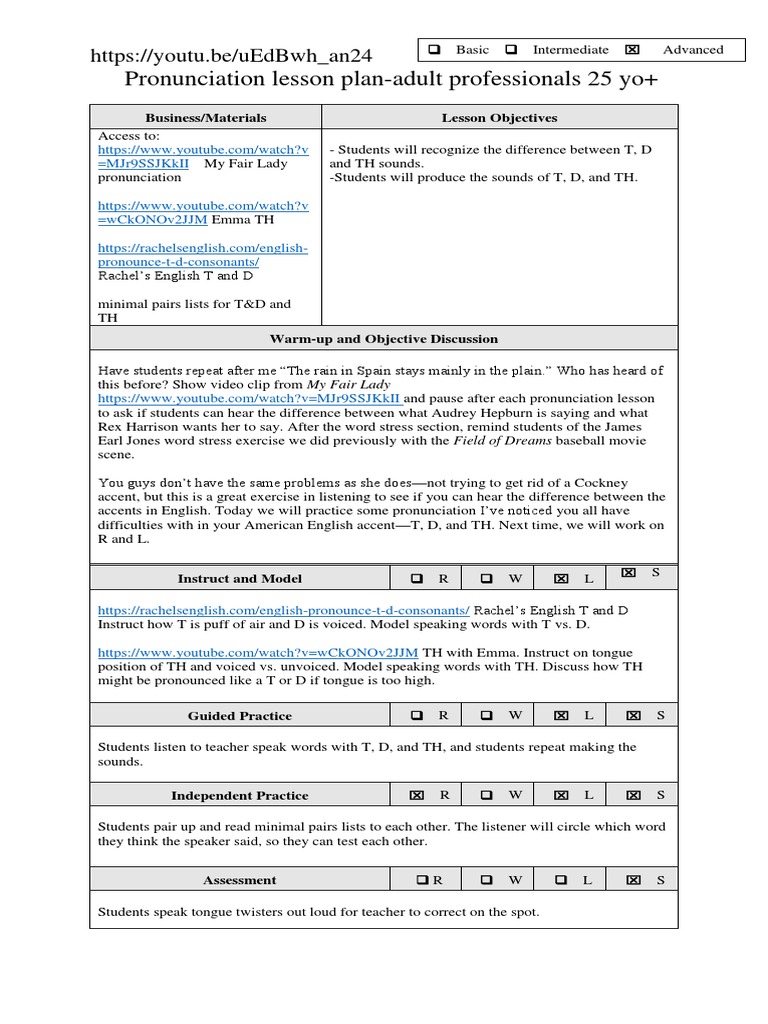 Pronunciation Lesson Plan-Adult Professionals 25 Yo+: Business ...