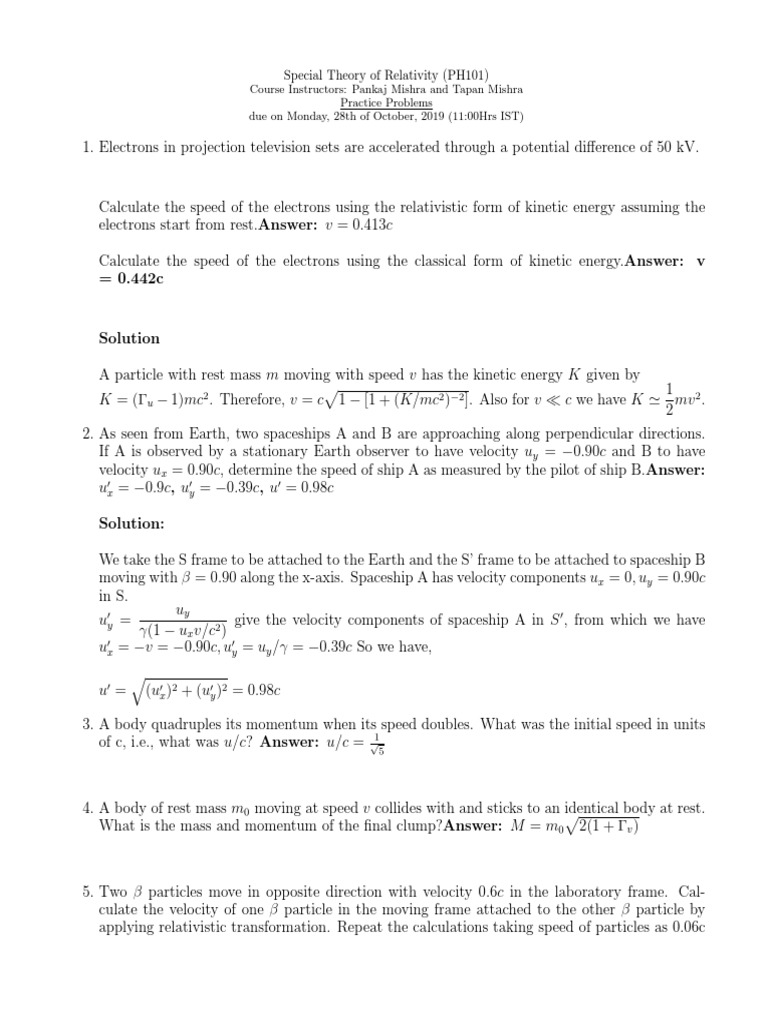 Special Theory of Relativity Questions | PDF | Special Relativity ...