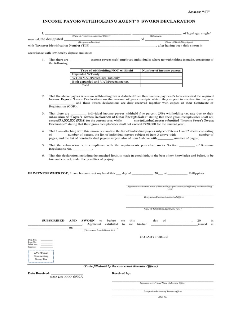 RR 11 2018 - Annex C - Withholding Agent Sworn Declaration | PDF ...