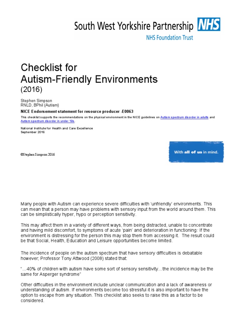 Checklist For Autism Friendly Environments September 2016 | PDF ...