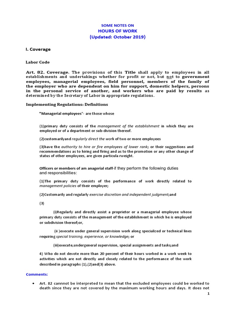 Labor Code: Work Hours & Coverage | PDF | Overtime | Working Time