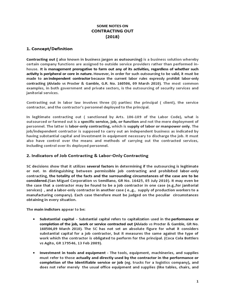 Notes On Contracting Out (2018) | PDF | Independent Contractor | Employment