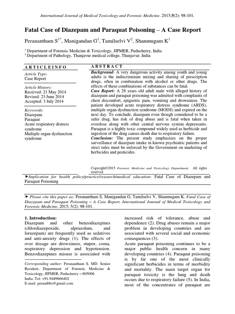 Fatal Case of Diazepam and Paraquat Poisoning - A Case Report PDF | PDF ...
