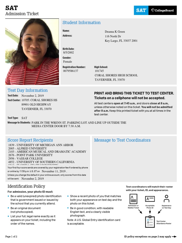 Student Information: Admission Ticket | PDF | Identity Document | Sat