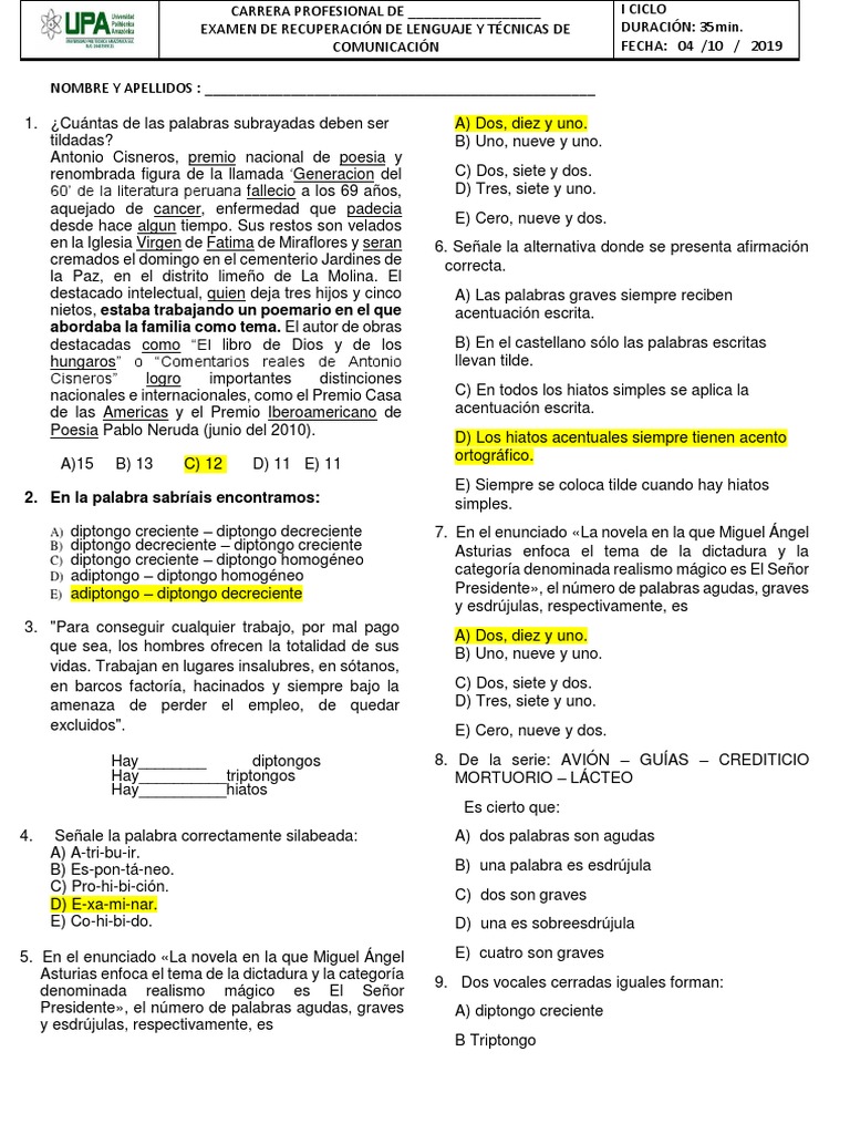 Examen sobre Diptongos y Hiatos | PDF | Fonología | Comunicación oral