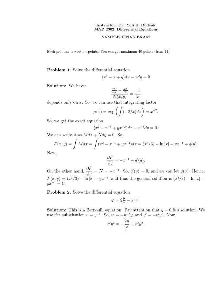 Instructor: Dr. Yuli B. Rudyak MAP 2302, Differential Equations Sample ...