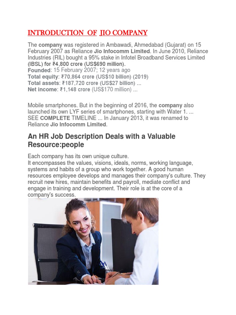 Introduction of Jio Company: An HR Job Description Deals With A ...