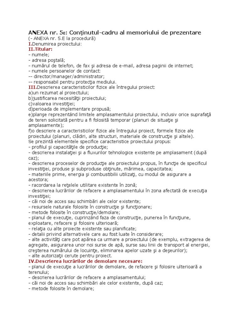 MEDIU - Anexa 5E - Continut Cadru Memoriu Prezentare | PDF