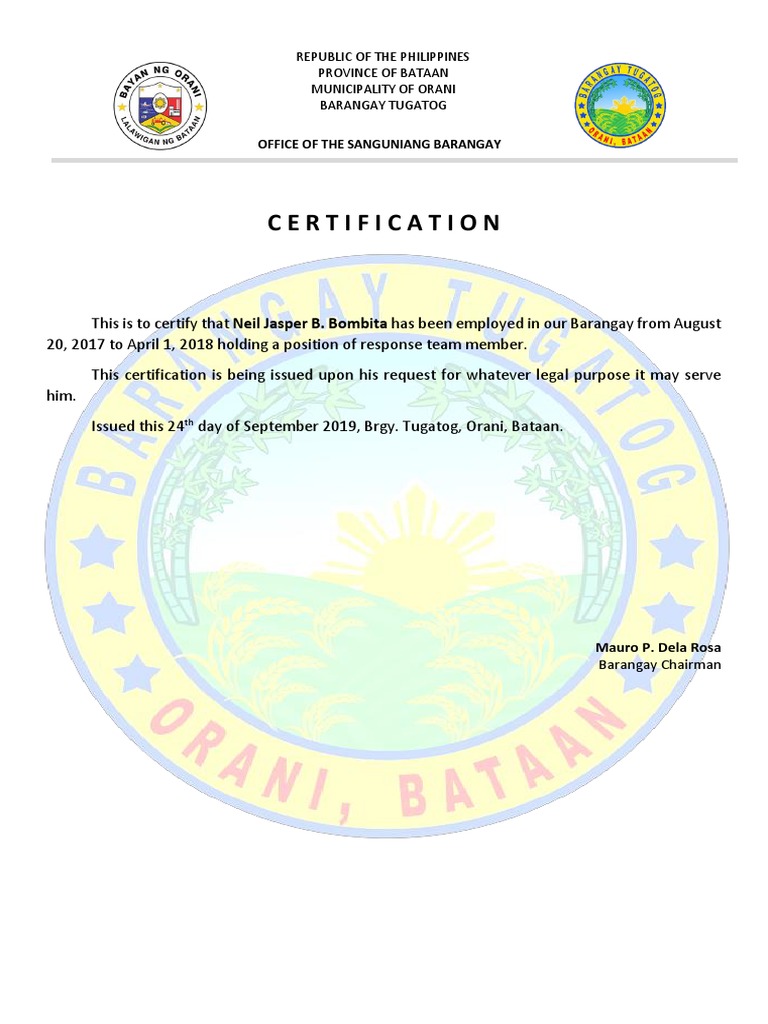 Certification: Office of The Sanguniang Barangay | PDF