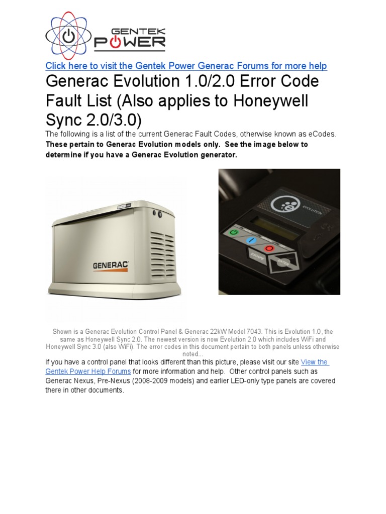Generac Error Code Fault Guide ECodes | PDF | Battery Charger ...