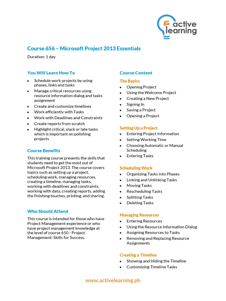Course 656 - Microsoft Project 2013 Essentials: You Will Learn How To ...