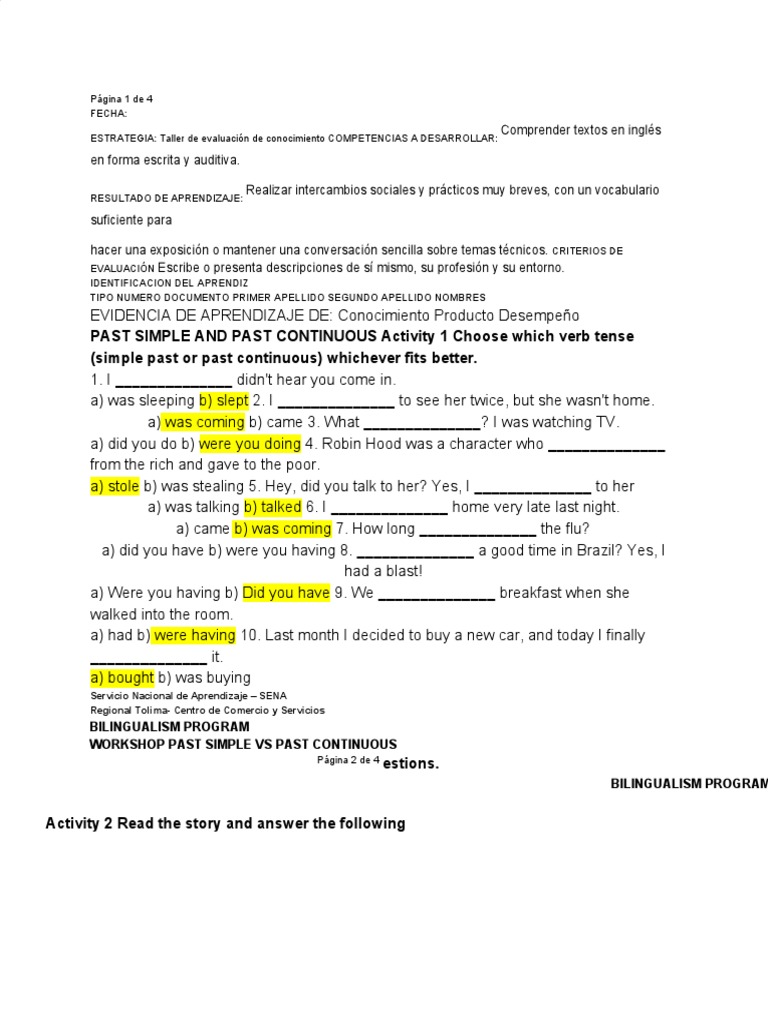 Past Simple vs Continuous Worksheet | PDF | Grammar