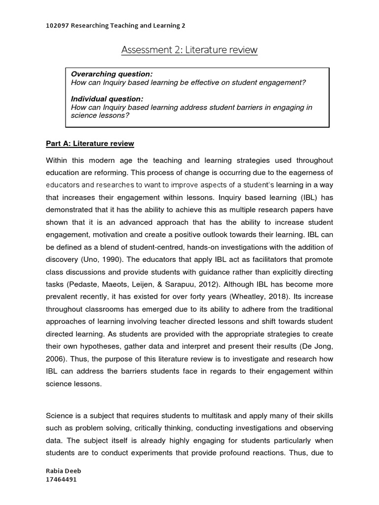 Assessment 2: Literature Review: Overarching Question | PDF | Inquiry ...