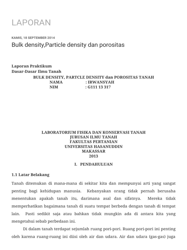 LAPORAN: Bulk Density, Particle Density Dan Porositas | PDF | Sains ...