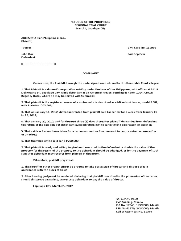 Complaint For Replevin | PDF | Lawsuit | Common Law