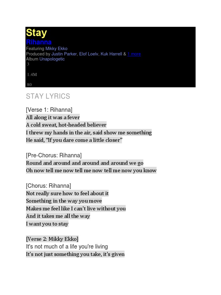 Rihanna: Stay Lyrics | PDF