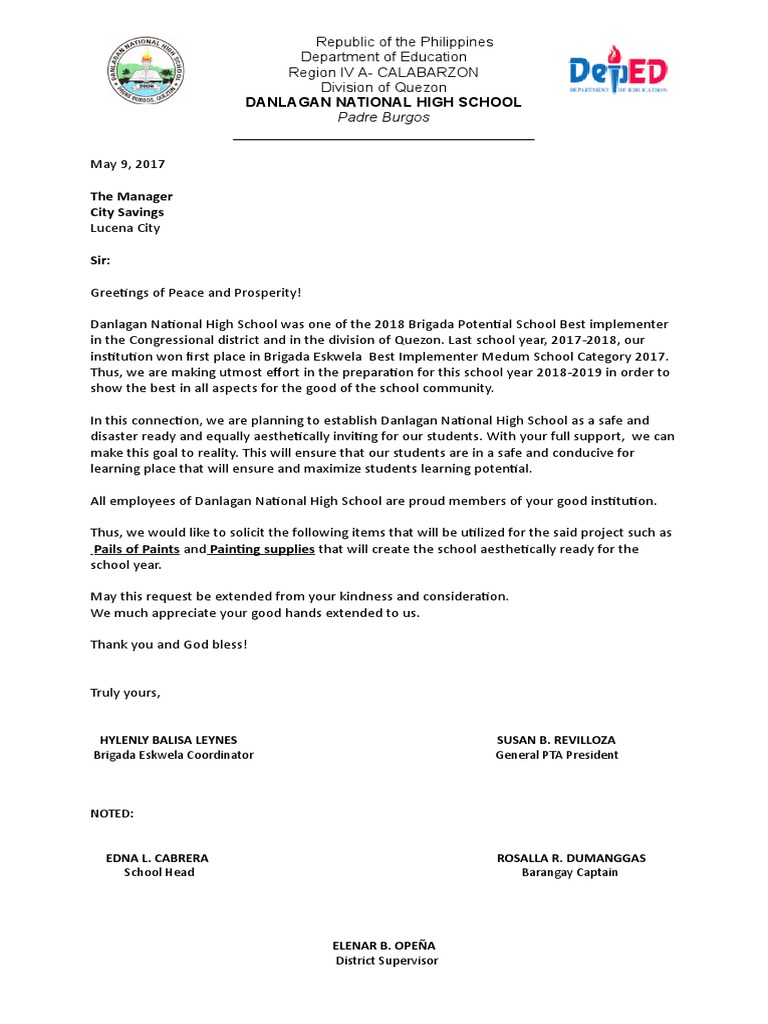 Brigada Eskwela Solicitation Letter | PDF