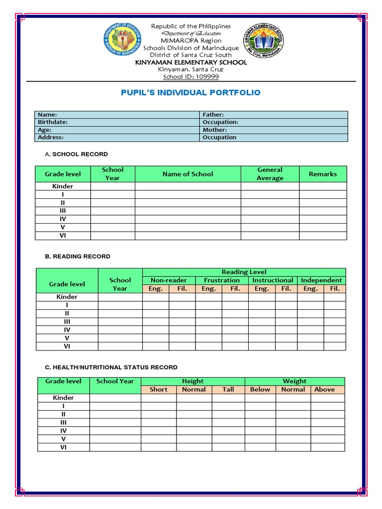 Pupil'S Individual Portfolio: Name: Father: Birthdate: Occupation: Age ...
