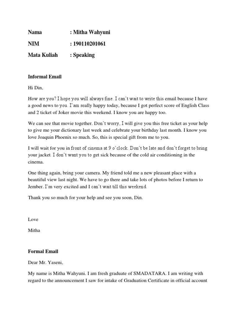 Contoh Email Formal Dan Informal Dalam Bahasa Inggris | PDF