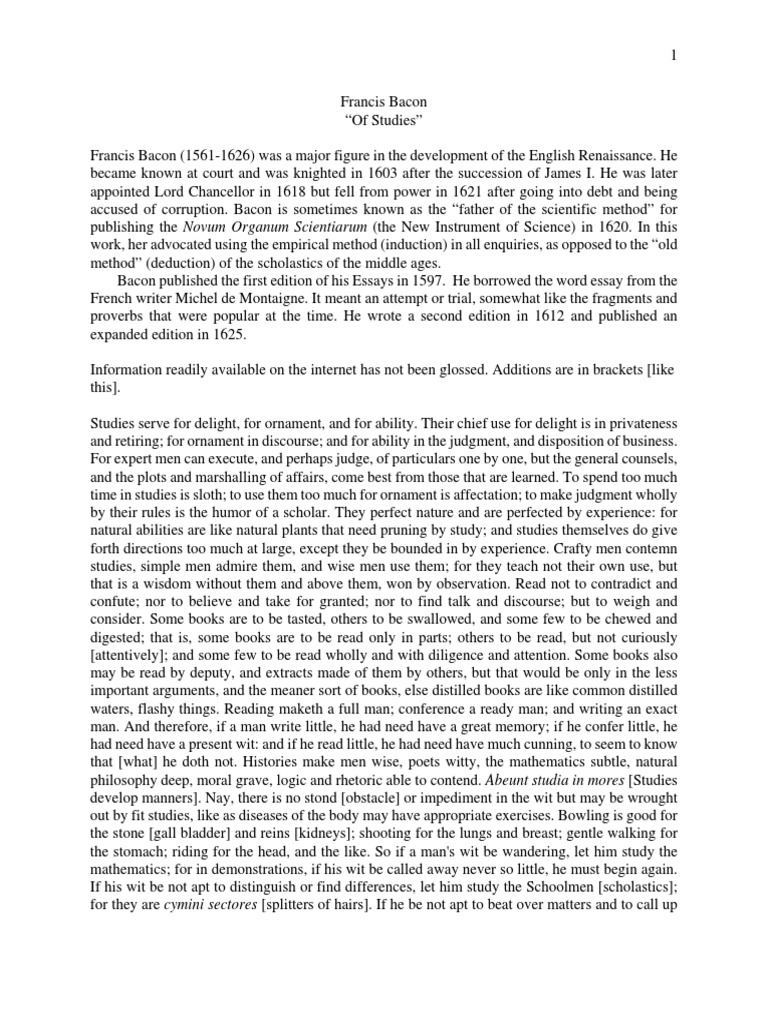 Of Studies by Bacon | PDF | Francis Bacon | Scientific Method Of Studies by Bacon | PDF | Francis Bacon | Scientific Method