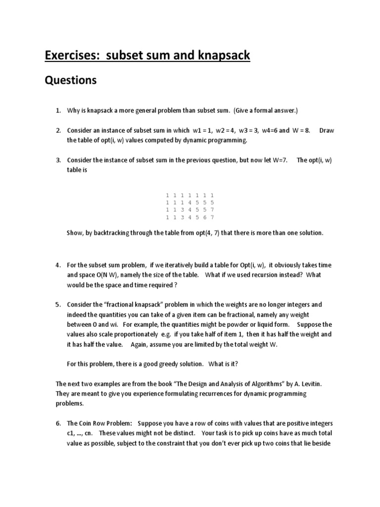 Exercises Subset Sum And Knapsack Questions Pdf Dynamic Programming Mathematical Analysis