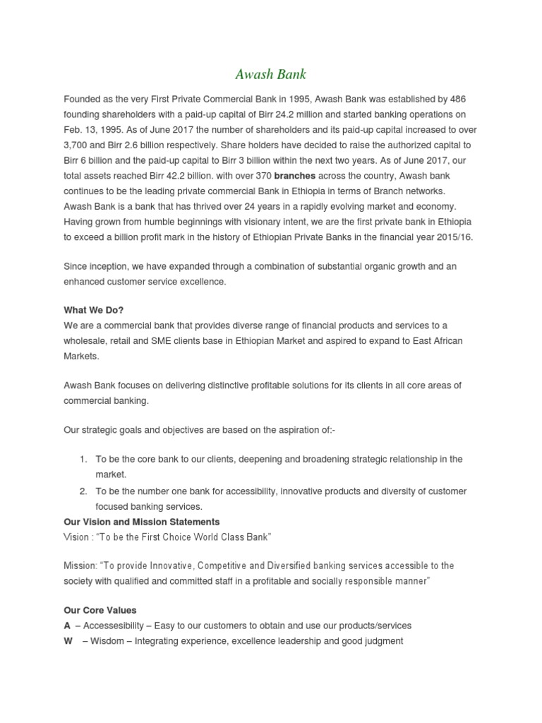 Awash Bank Overview | PDF | Ethiopia | Banks