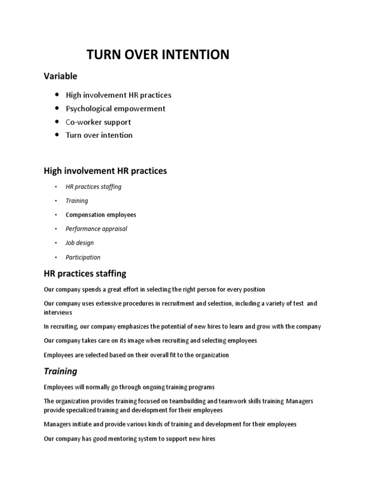 Turn Over Scale Question | PDF | Performance Appraisal | Employment