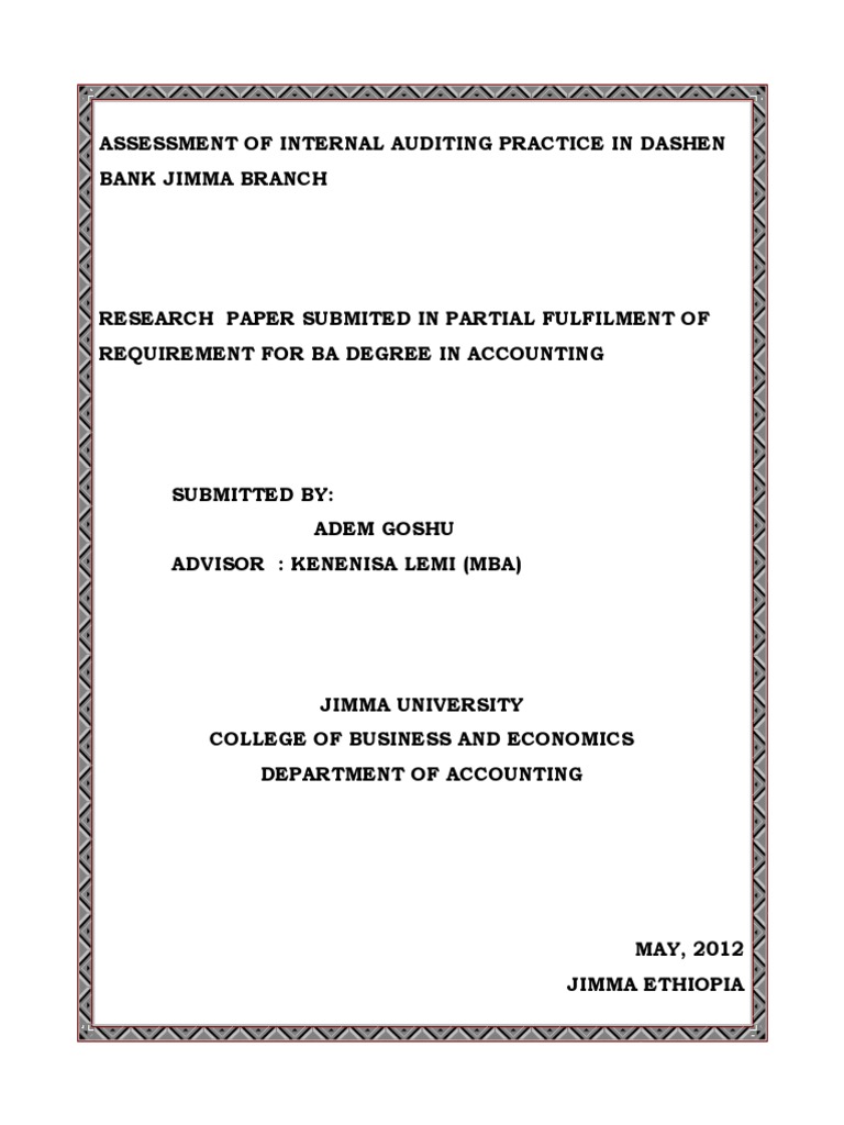 Assessment of Internal Auditing Practice in Dashen Bank Jimma Branch ...