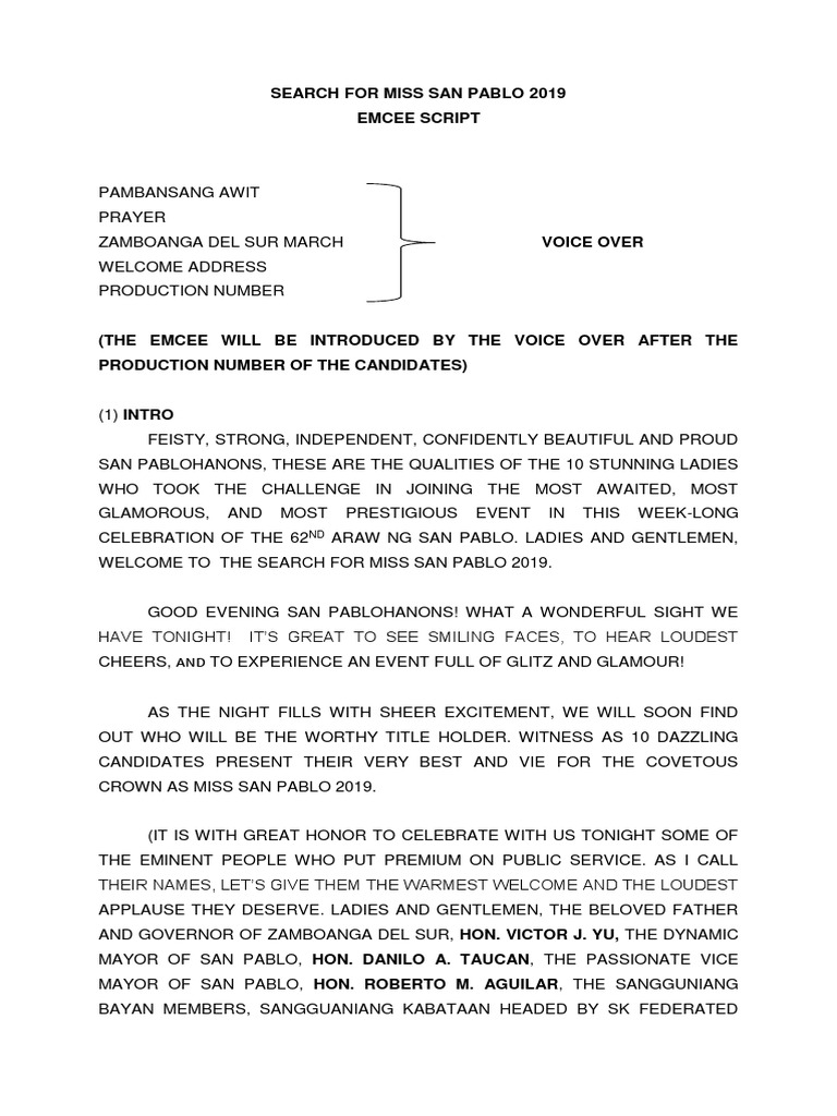 Search For Miss San Pablo 2019 Emcee Script | Download Free PDF ...