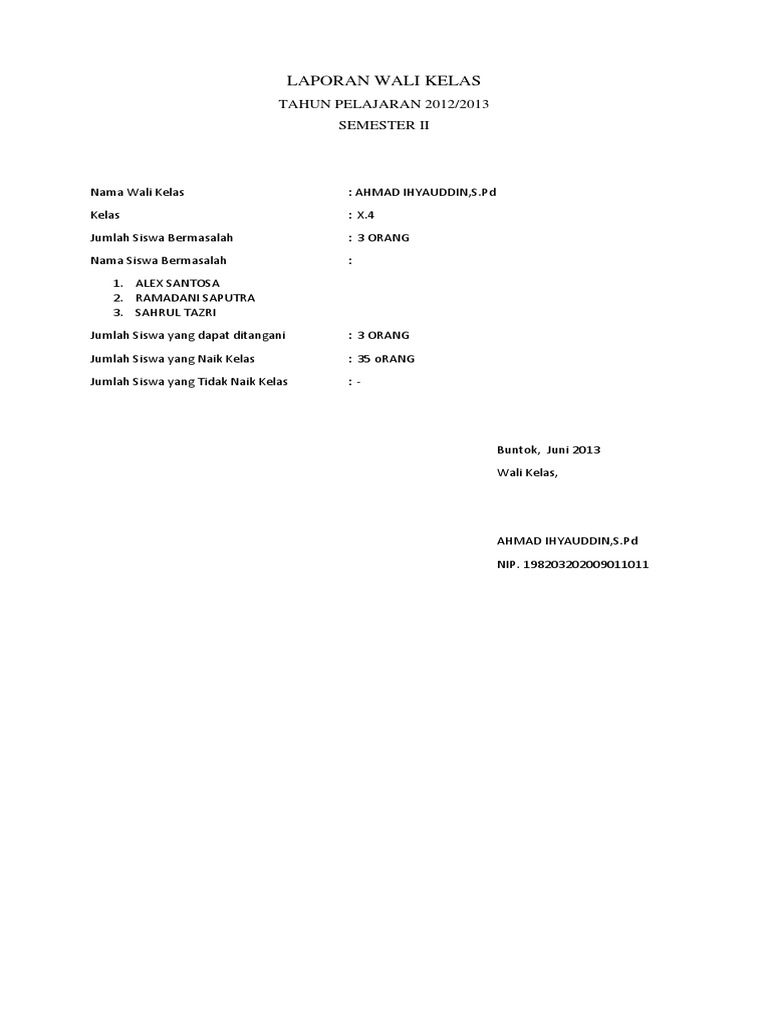 Contoh Laporan Wali Kelas | PDF