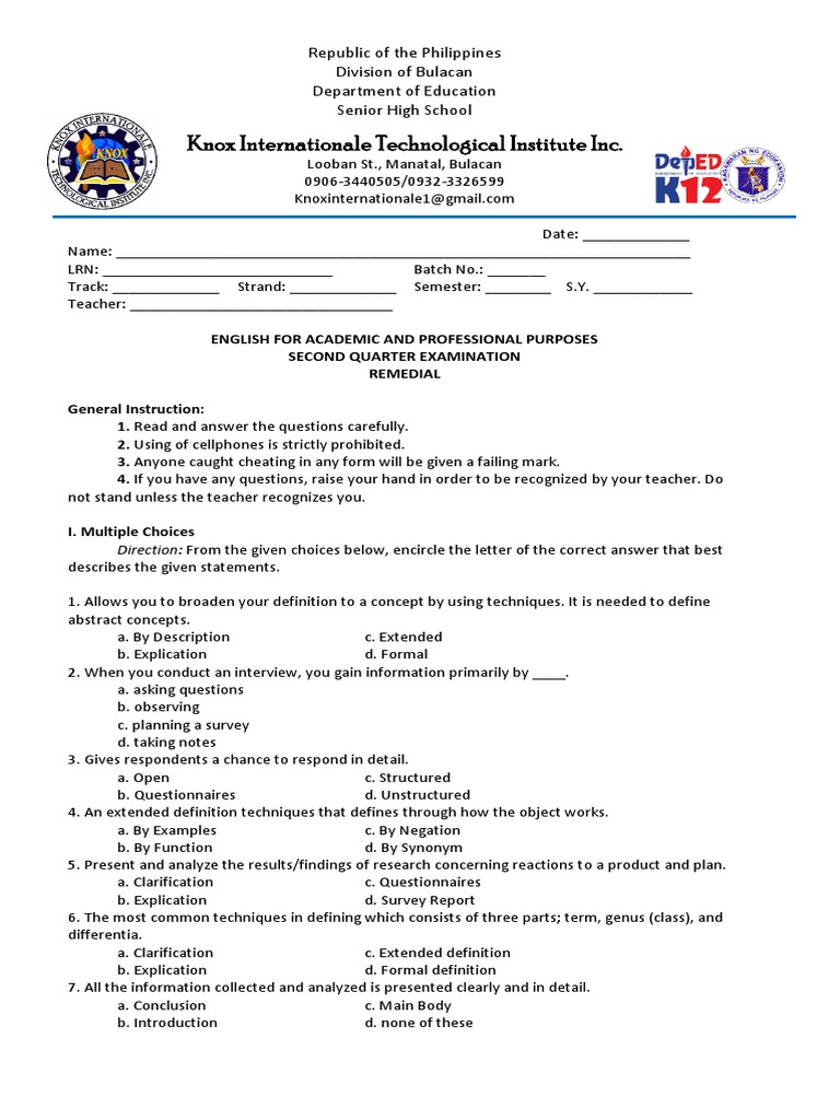 Remedial Exam for English Course | PDF | Question | Level Of Measurement
