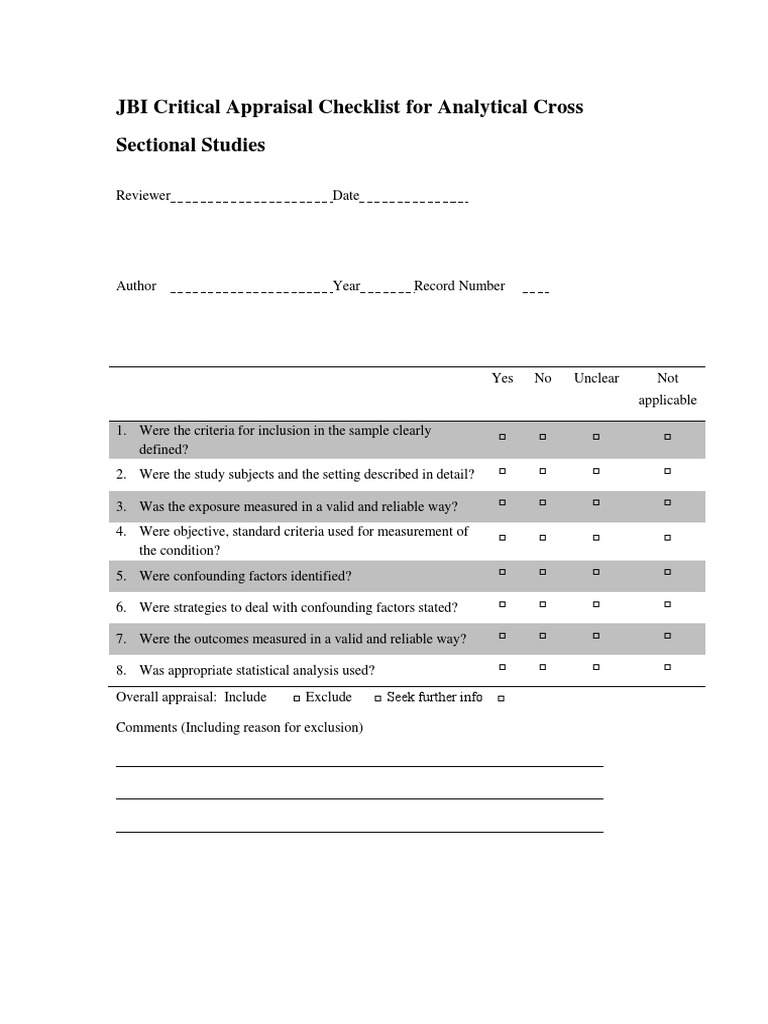 JBI Critical Appraisal Checklist For Analytical Cross Sectional Studies ...