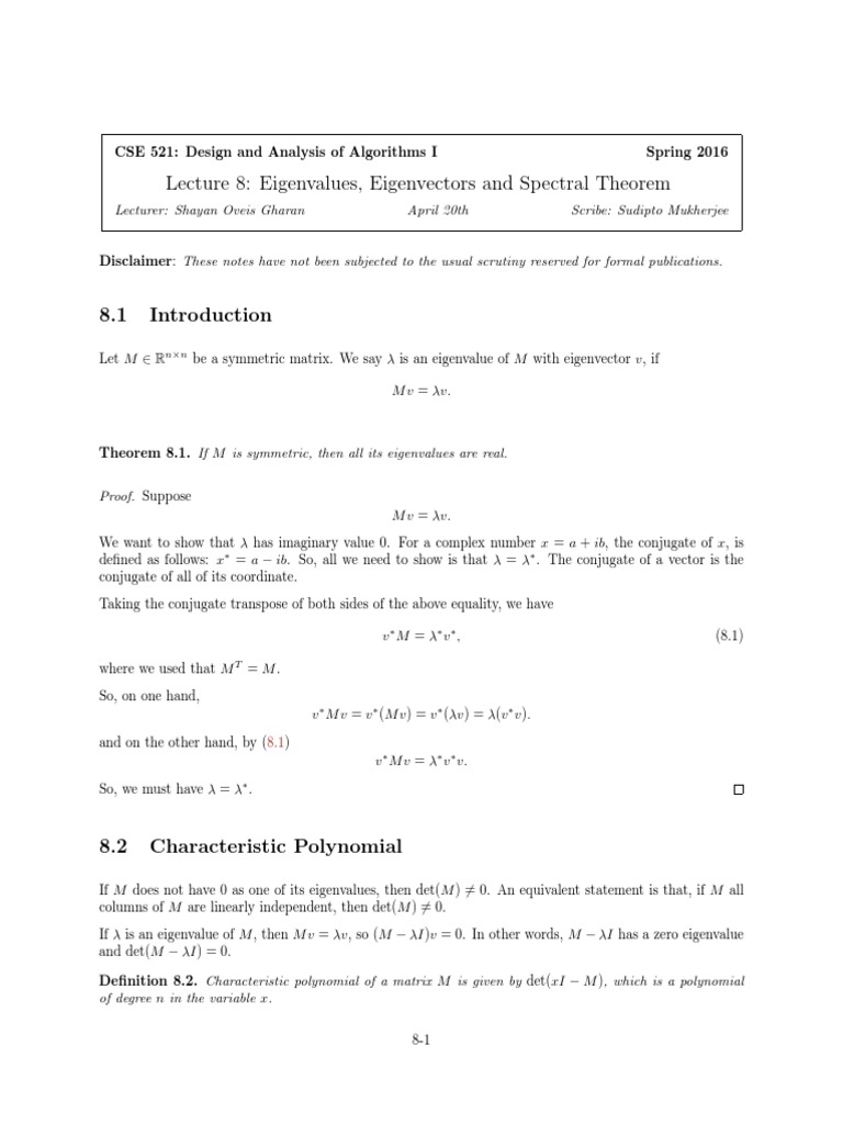 Lecture 8: Eigenvalues, Eigenvectors and Spectral Theorem | PDF ...