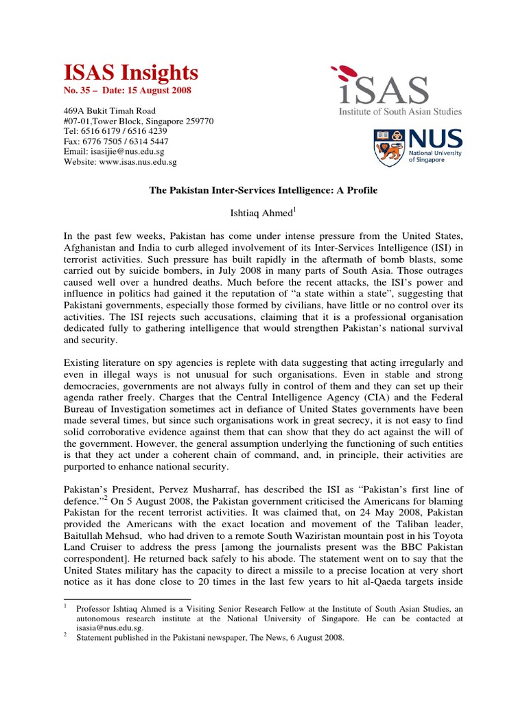 The Pakistan Inter-Services Intelligence A Profile | PDF | Inter ...