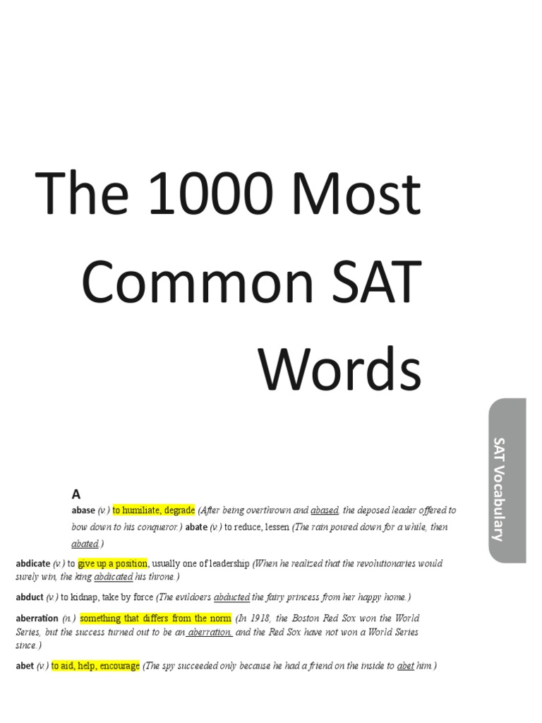 The 1000 Most Common SAT Words: Abate (V.) To Reduce, Lessen (The Rain ...