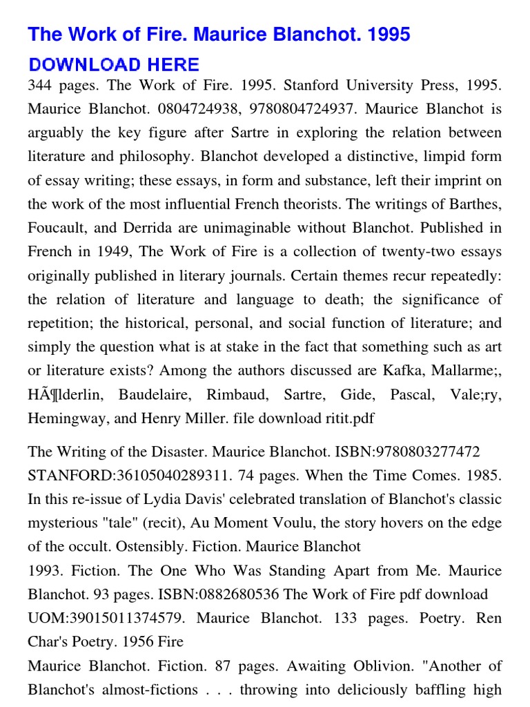 The Work of Fire. Maurice Blanchot. 1995 | PDF | Jacques Derrida | Books