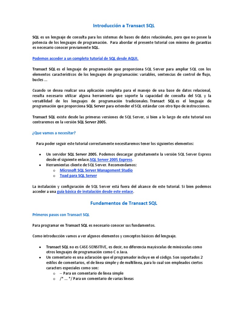Transact SQL | PDF | SQL | Servidor SQL de Microsoft