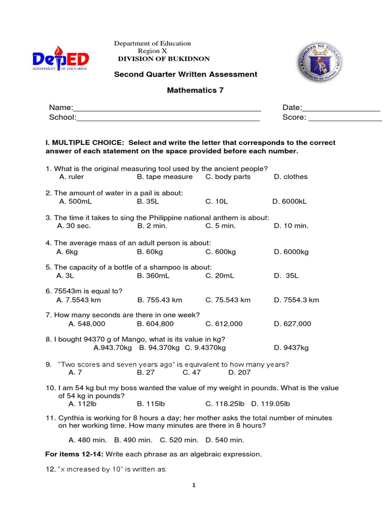 G7-Math-2nd Quarter Written Test | PDF | Pound (Mass) | Kilogram