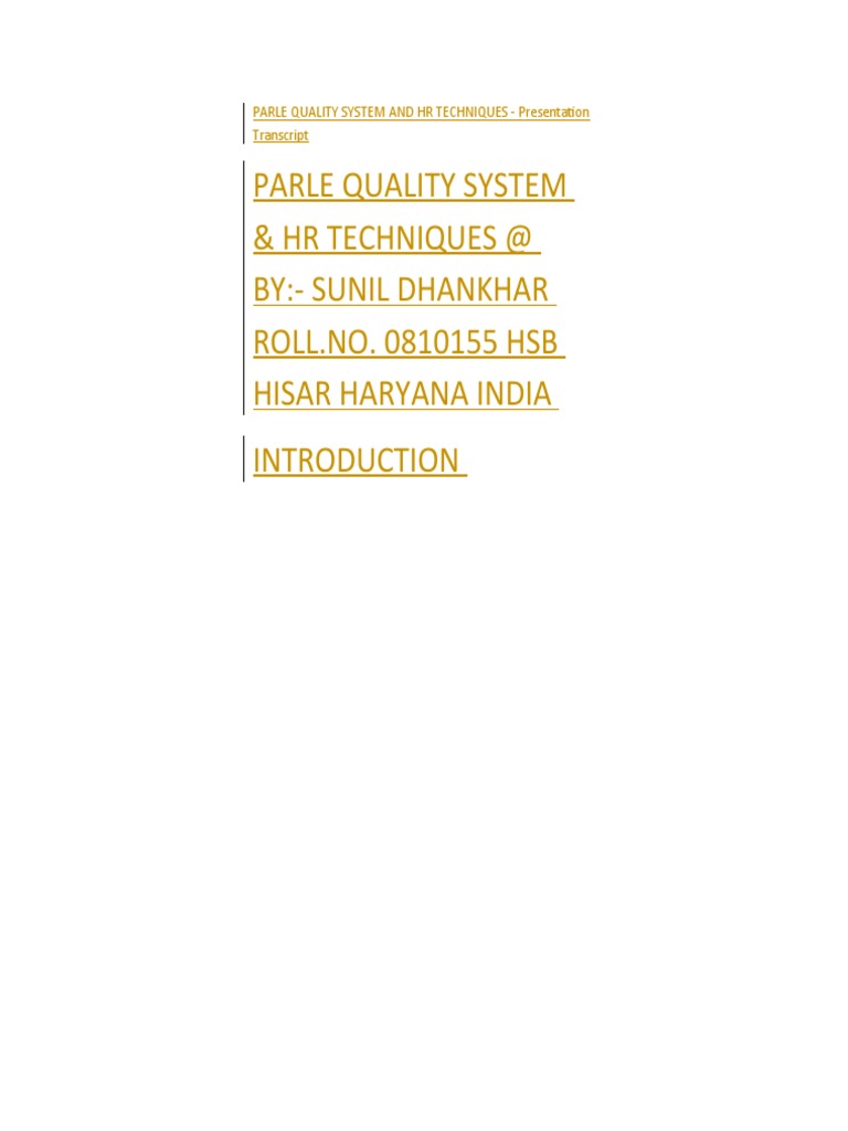 Parle Quality System and HR Techniques | PDF | Foods | Hazard Analysis ...