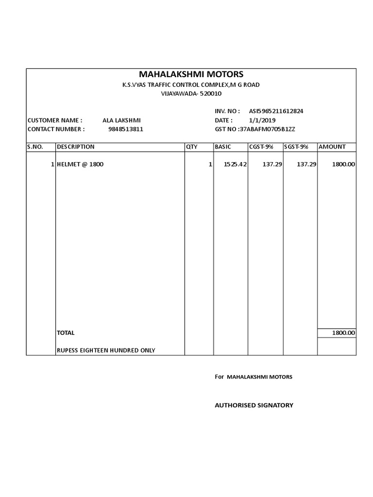 Mahalakshmi Motors Invoice for Helmet Purchase | PDF