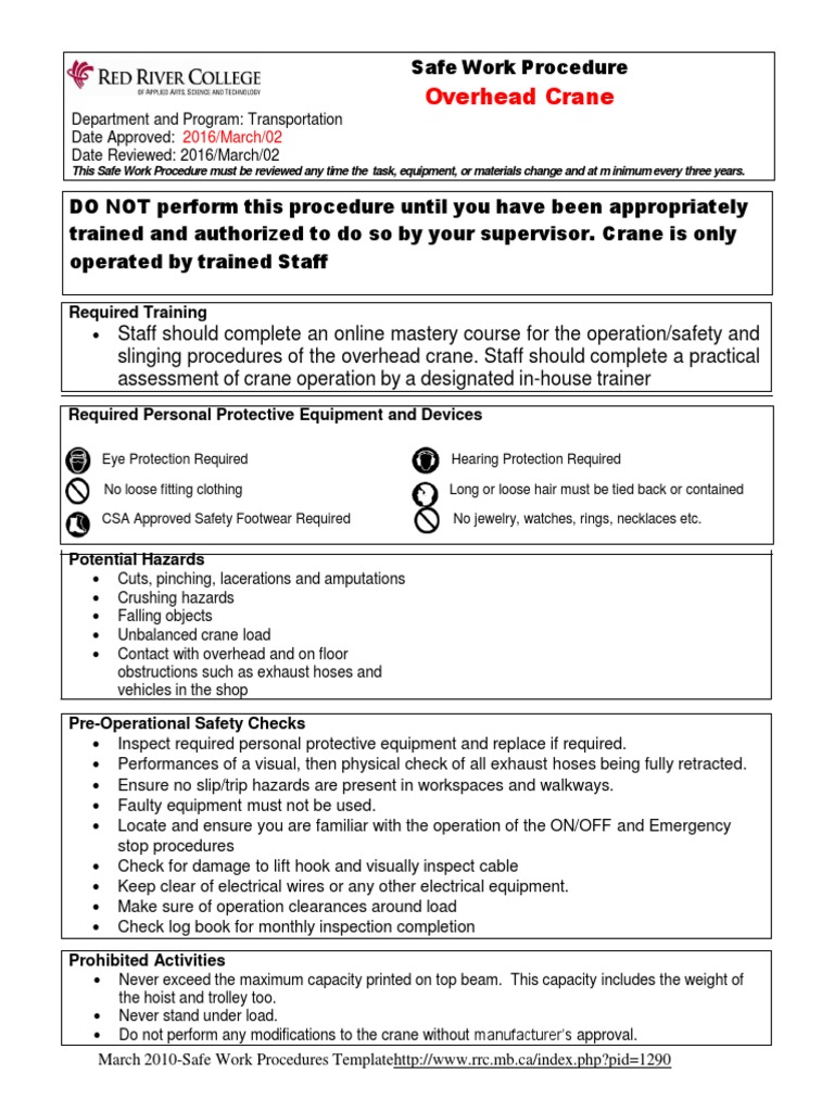 Safe Work Procedure: Overhead Crane | PDF | Crane (Machine) | Elevator