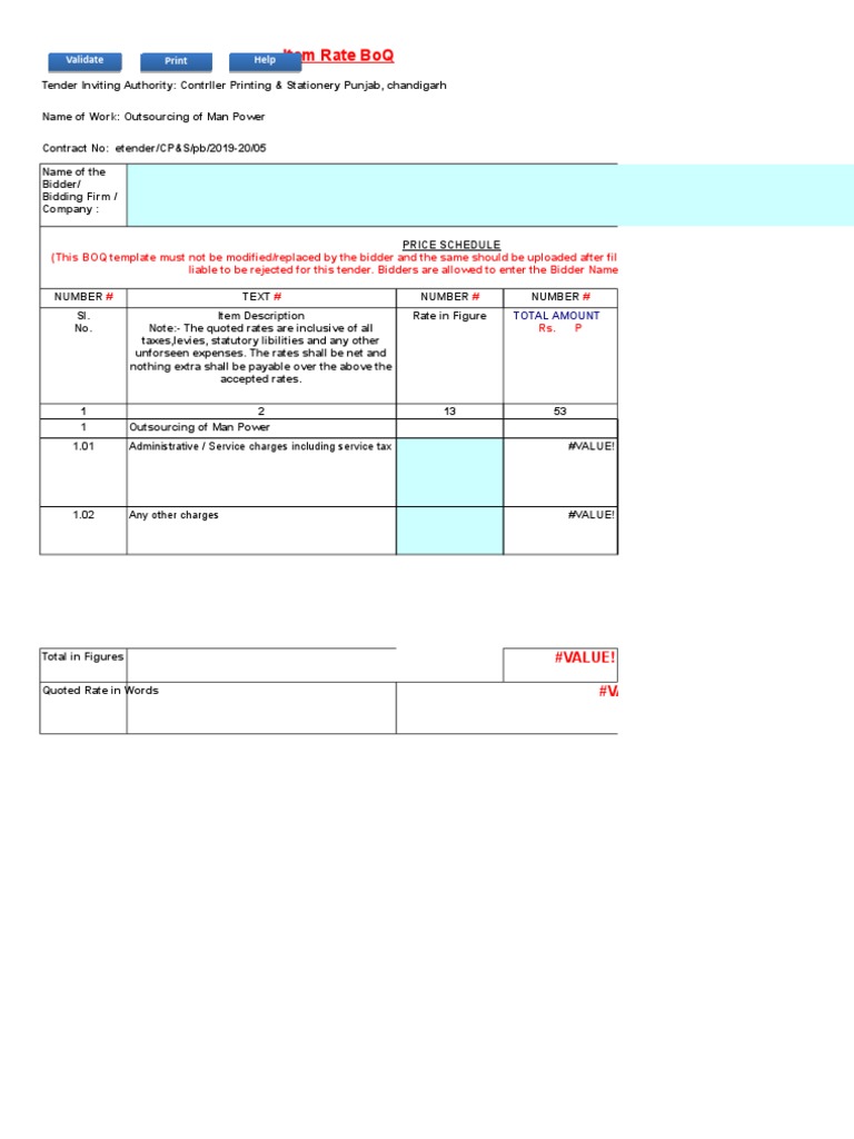 Item Rate Boq: Validate Print Help | PDF