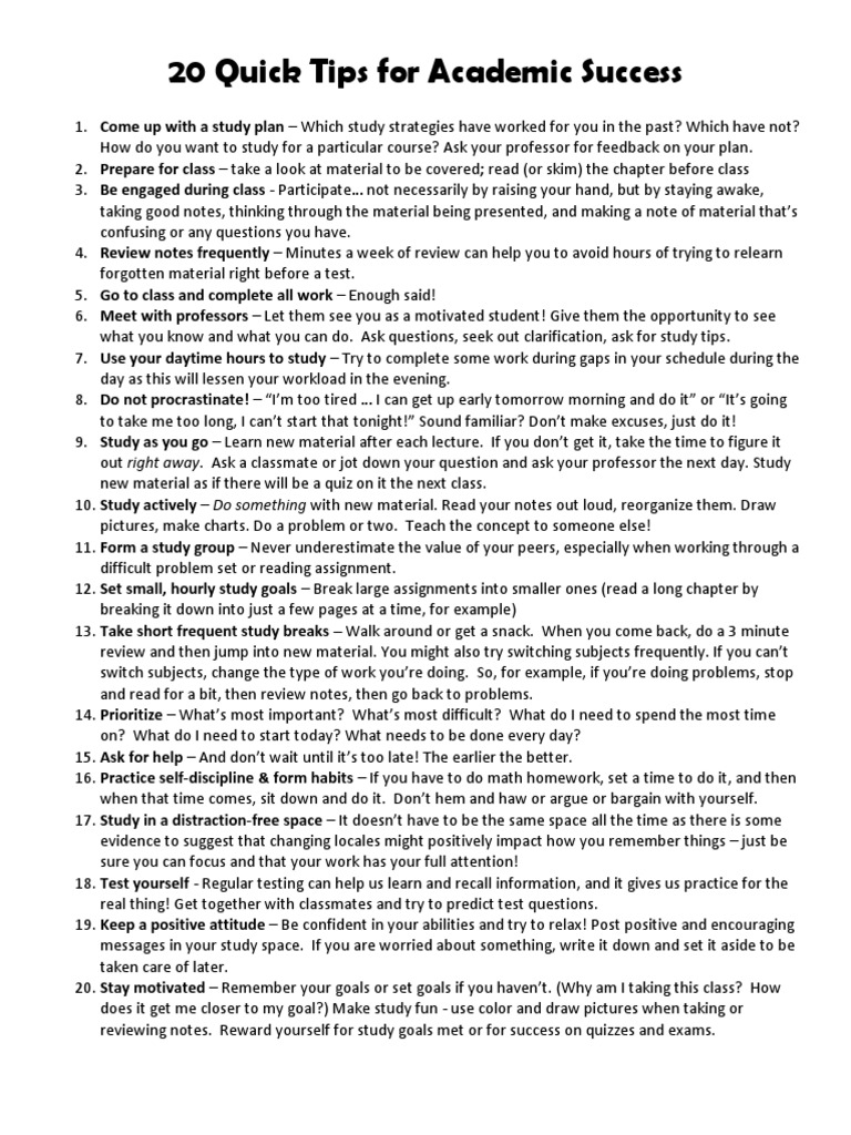 20 Tips For Academic Success Pdf Homework Cognition