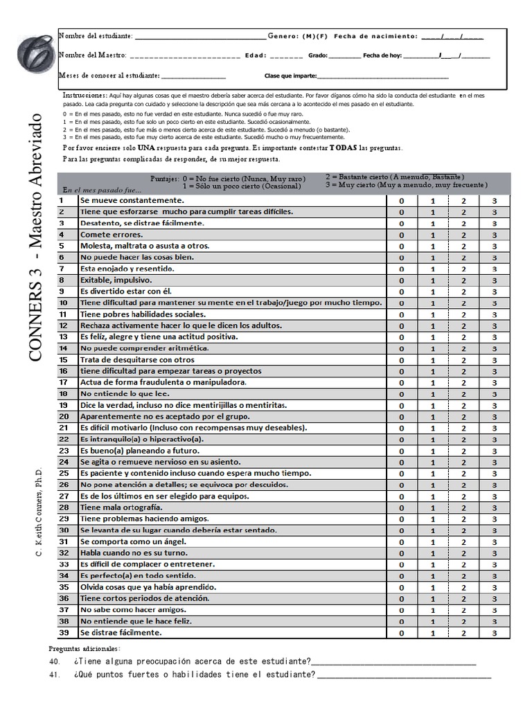 CONNERS | PDF | Cognición | Conceptos psicologicos