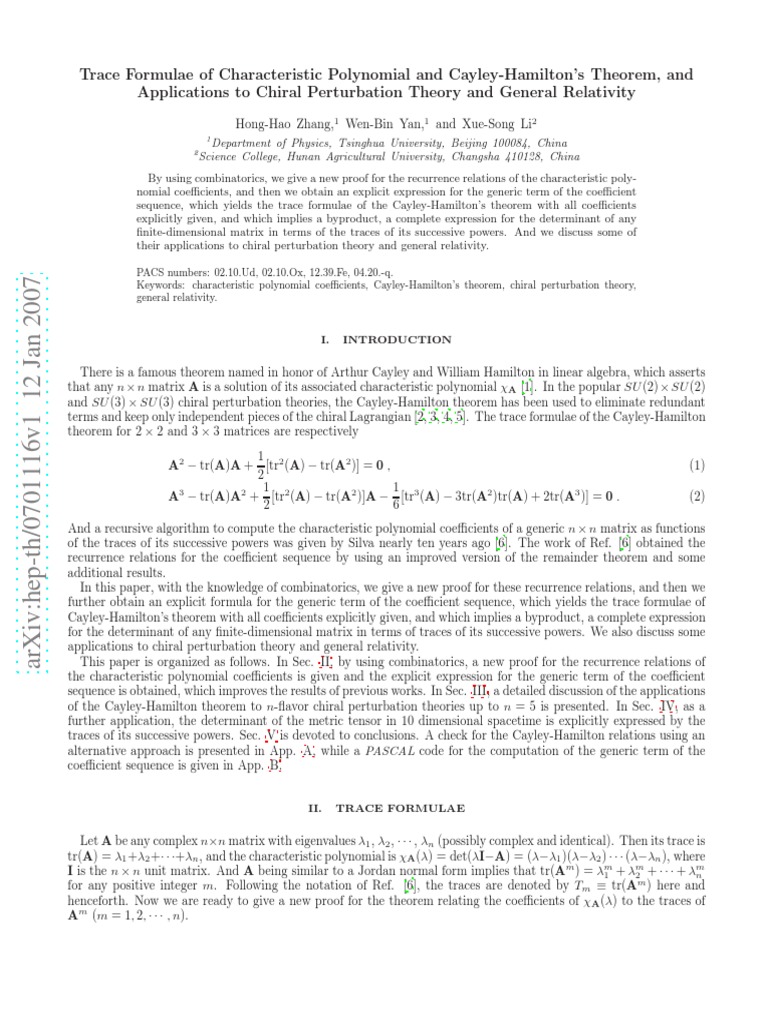 Trace Formulae of Characteristic Polynomial and Cayley-Hamilton's Theorem, and Applications To ...